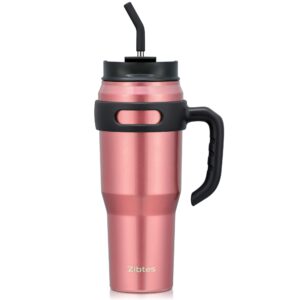 zibtes 40oz insulated tumbler with handle and lid straws, stainless steel travel coffee cup holder friendly, metal water bottle keeps drinks cold up to 34 hours(rose gold 1 pack)