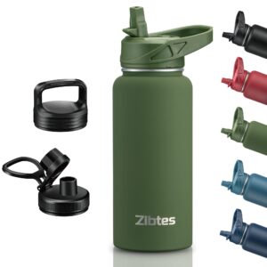 zibtes 32 oz insulated water bottle with straw,3 lids(flip, spout and handle lid), stainless steel leak proof sports water flask, double walled vacuum metal water bottle (army green)