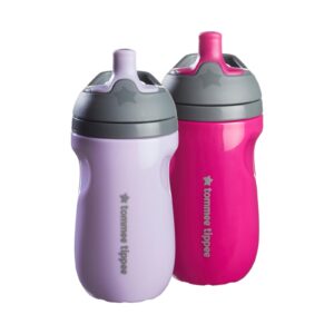 tommee tippee insulated sportee bottle, 9oz, 12+ months, trainer sippy cup for toddlers, spill-proof, easy to hold handle, lilac & plum, pack of 2