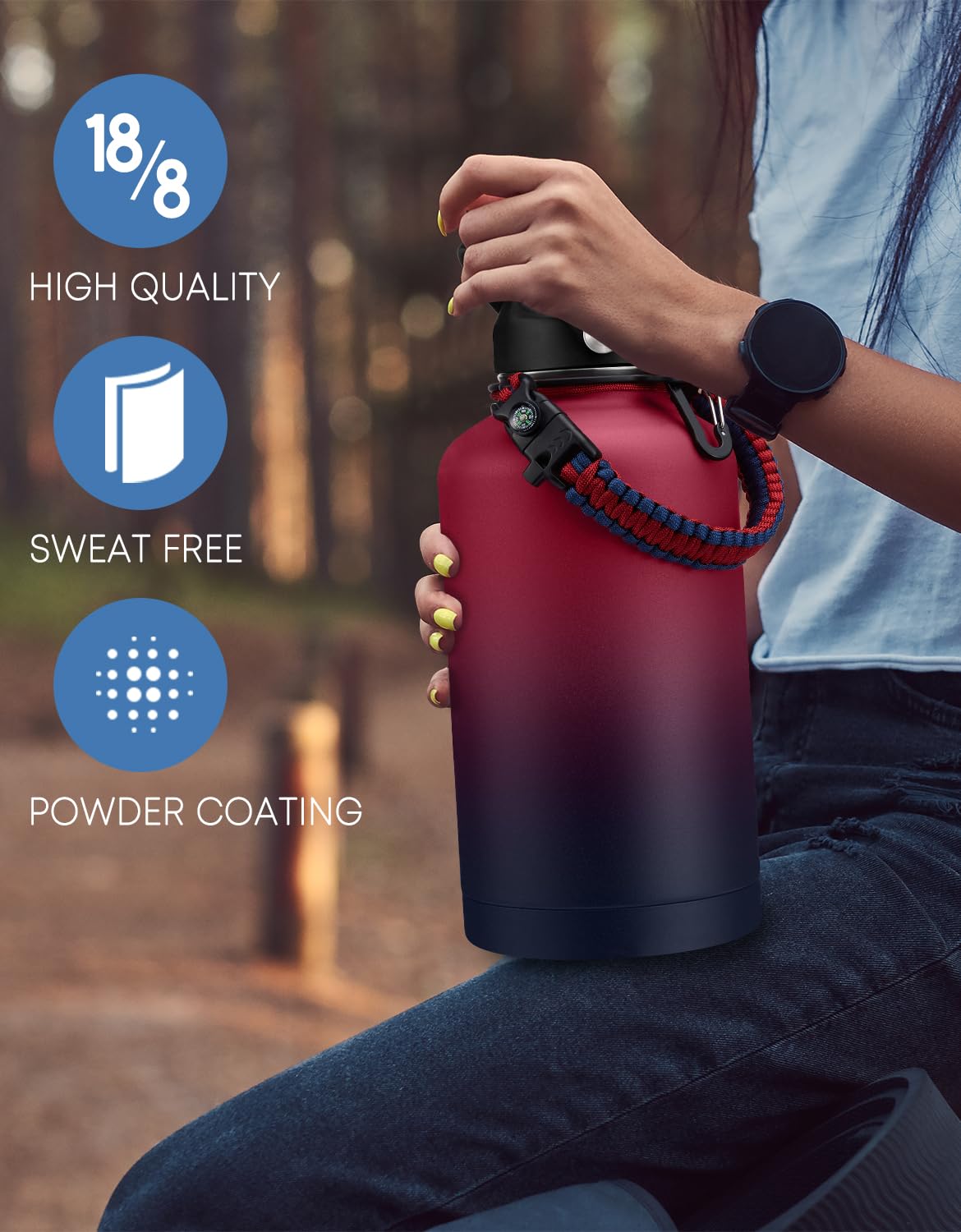 Half Gallon Insulated Water Bottle - Combo Carrier Bag with Strap, Paracord Handle, Straw & Flex Cap, Silicon Bottle Boot, Large Water Bottles 64 oz, Sweat Proof Metal Vacuum Flasks 1/2 Gallon Jug