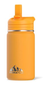 hydrapeak mini 14oz kids water bottle with straw lid, stainless steel double wall insulated water bottle for kids | leak-proof and spill-proof kids water bottle for school, 24 hours cold (mango)