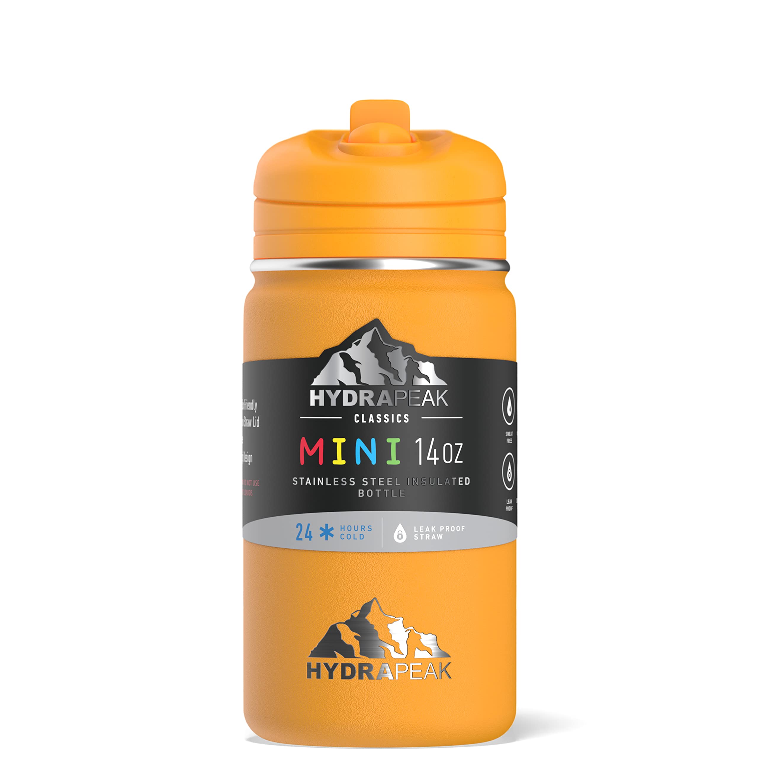 Hydrapeak Mini 14oz Kids Water Bottle with Straw Lid, Stainless Steel Double Wall Insulated Water Bottle for Kids | Leak-Proof and Spill-Proof Kids Water Bottle for School, 24 Hours Cold (Mango)