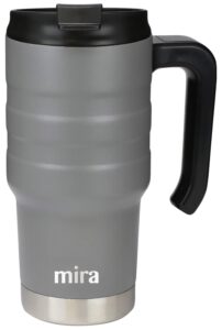 mira 20 oz stainless steel travel car mug with handle & spill proof twist on flip lid - vacuum insulated thermos tumbler keeps coffee, tea, drinks piping hot or ice cold - gray