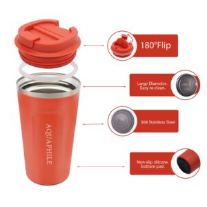 AQUAPHILE Reusable Coffee Cup, Coffee Travel Mug with Leak-proof Lid, Thermal Mug Double Walled Insulated Cup, Stainless Steel Portable Coffee Tumbler, for Hot and Cold Drinks（Orange,12oz)