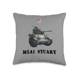 usa ww2 tanks and military equipment apparel m5a1 stuart, usa light tank ww2 military machinery throw pillow, 16x16, multicolor