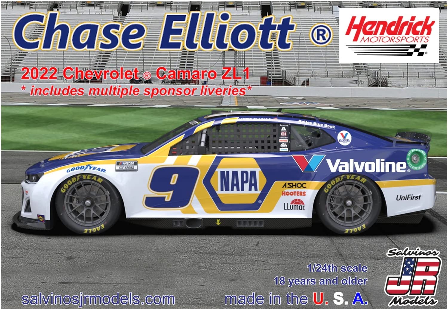 Salvinos J R Model 1/24 NASCAR 2022 Camaro ZL1 · 9 Hendrix Motor Sports Chase Elliott Multi-Sponsor Plastic Model SJMHMC2022CEM