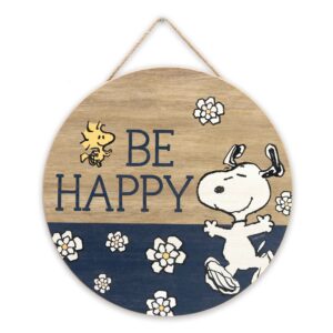 open road brands peanuts snoopy be happy round hanging wood wall decor - fun snoopy sign for home decorating - great gift idea