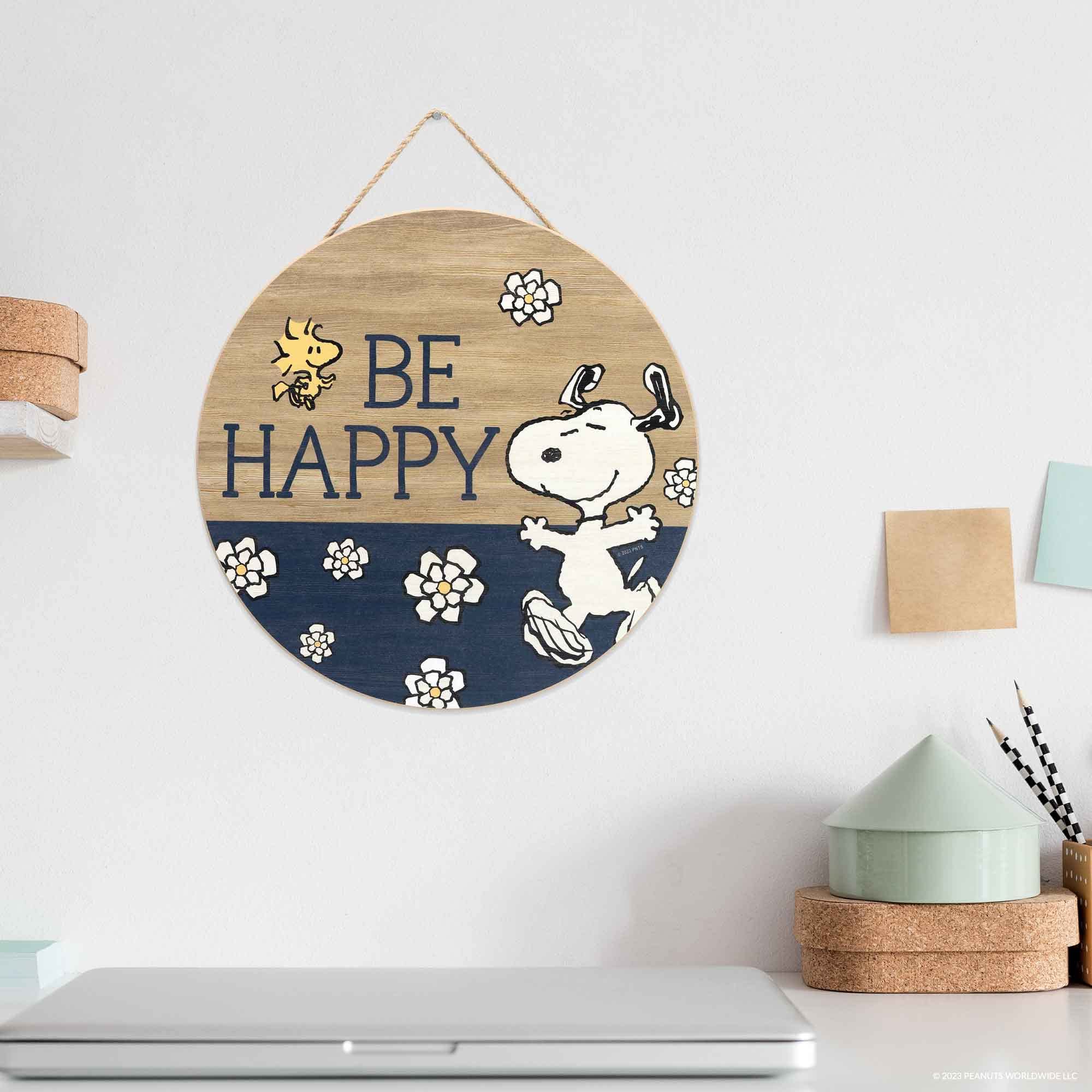 Open Road Brands Peanuts Snoopy Be Happy Round Hanging Wood Wall Decor - Fun Snoopy Sign for Home Decorating - Great Gift Idea