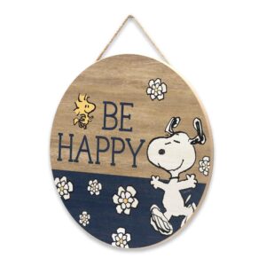 Open Road Brands Peanuts Snoopy Be Happy Round Hanging Wood Wall Decor - Fun Snoopy Sign for Home Decorating - Great Gift Idea