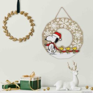 Open Road Brands Peanuts Snoopy Snowflake Wreath Hanging Wood Wall Decor - Nostalgic Peanuts Christmas Sign for Holiday Home Decorating