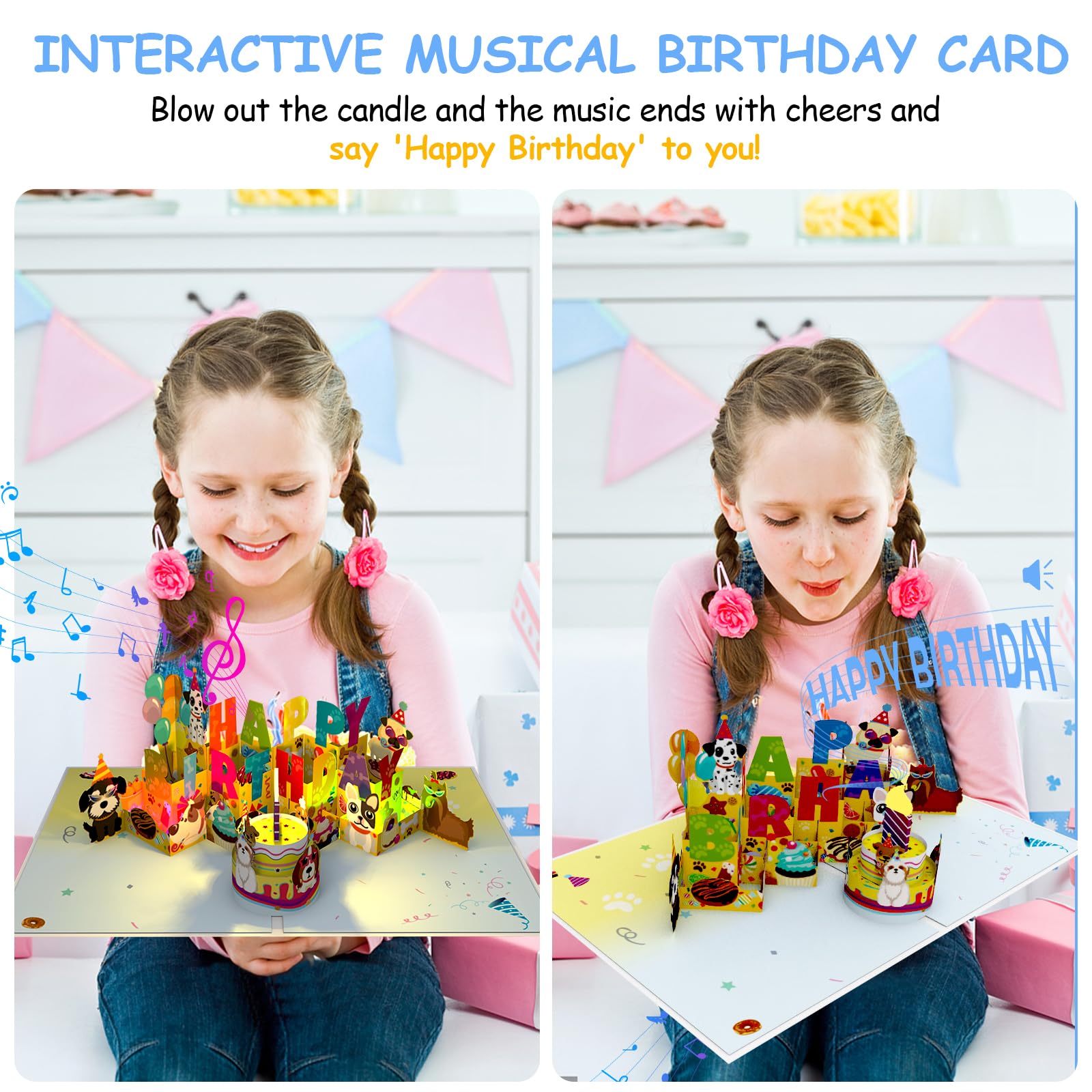 Ecloverlife Birthday Cards for Boys, Pop Up Blowable Musical Birthday Card with Lights for 3/4/5/6/7/8 Year Old Boys (Dogs)