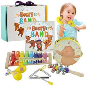 tickle & main my beary first band musical instruments gift set, includes storybook and wooden percussion toys for toddler girls and boys