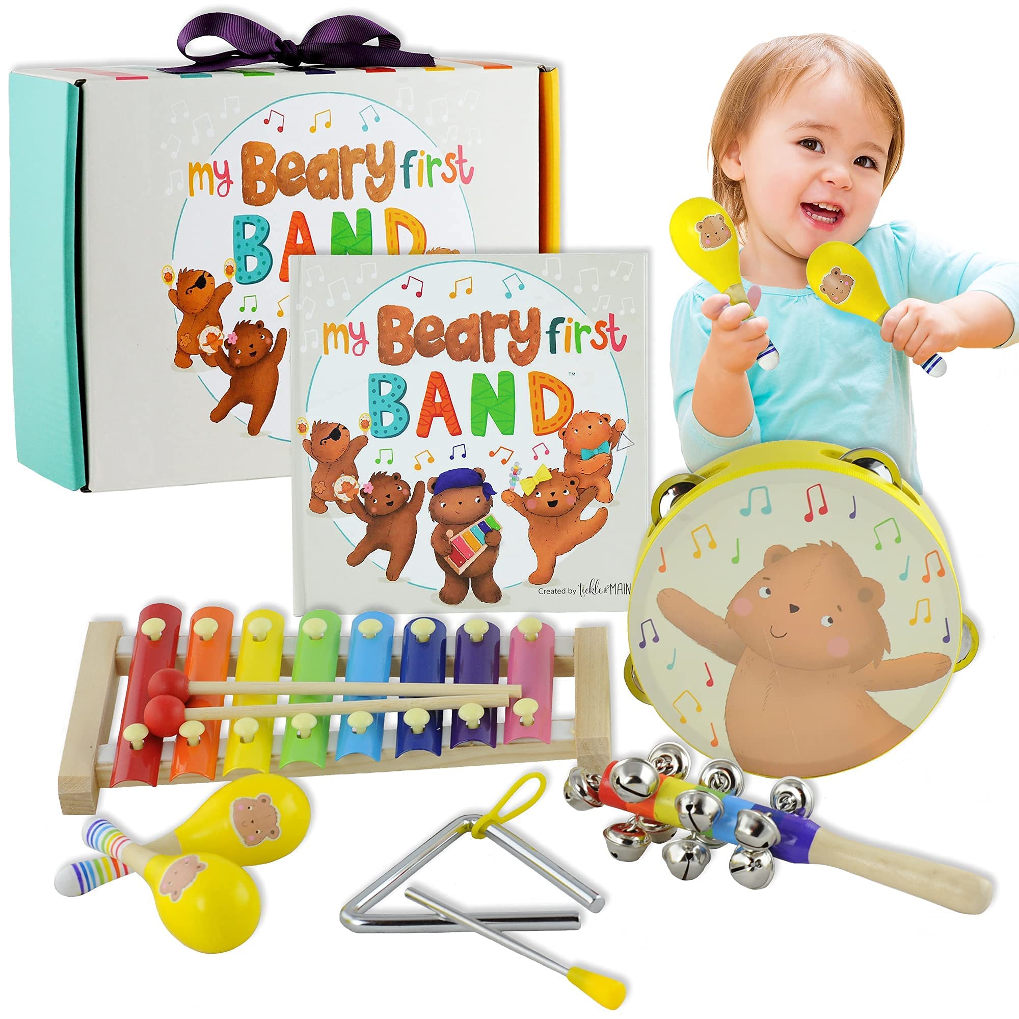 Tickle & Main My Beary First Band Musical Instruments Gift Set, Includes Storybook and Wooden Percussion Toys for Toddler Girls and Boys