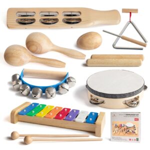 musicube musical instrument set for toddler baby kid wooden percussion instrument musical toys xylophone maracas egg shaker tambourine triangle instrument for boys girls aged 3+ choice