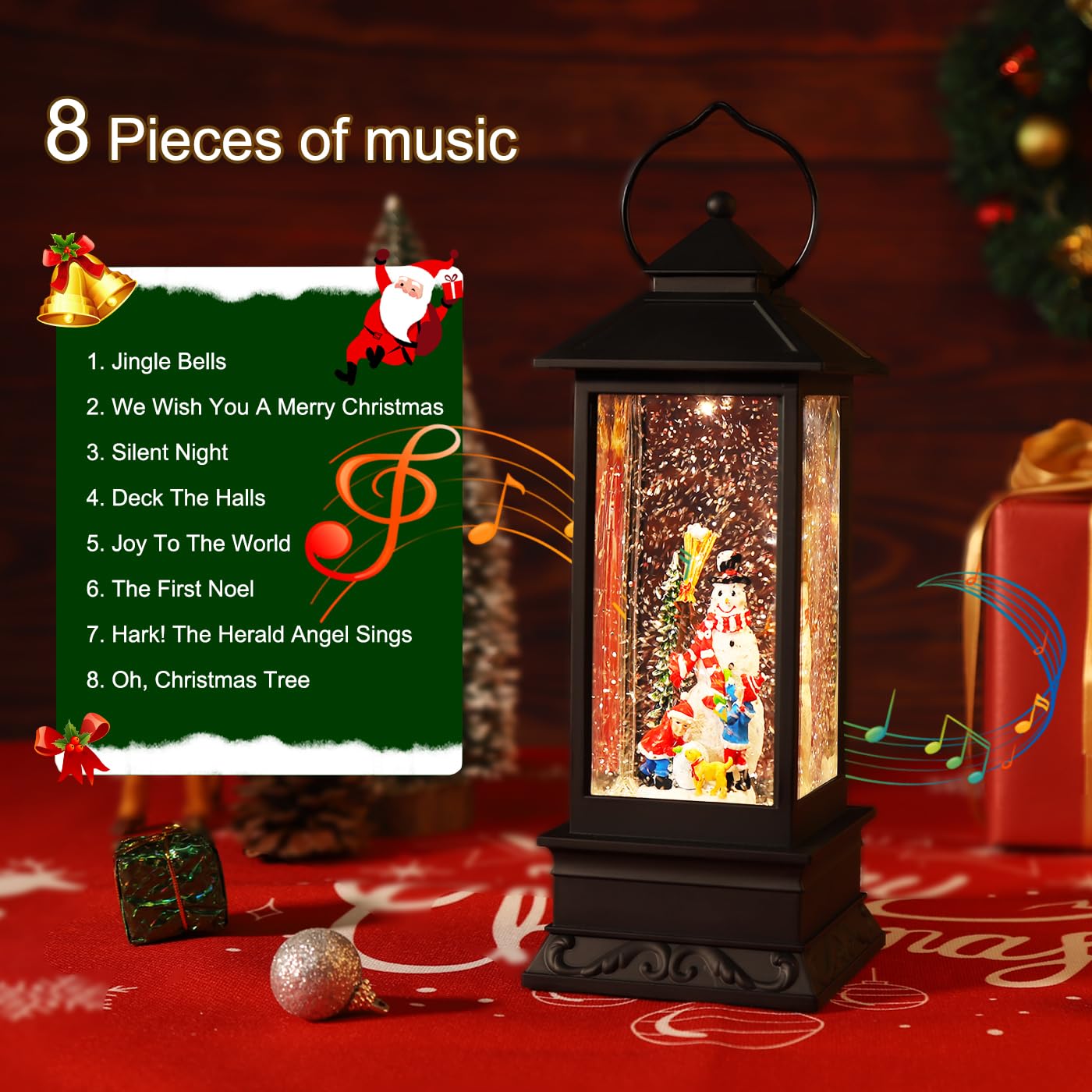 Snow Globes Christmas Lantern, Christmas Decorations Musical Snow Globe Lantern, LED Lighted USB or Battery Operated Spinning Water Glitters Lighted Singing Lantern Christmas Home Decor and Xmas Gift