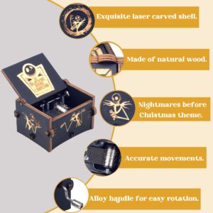 Kcikn Music Box Wooden Engraved The Nightmare Hand-cranked Musical Box, Playing Melody This is Halloween Music Box for Halloween Christmas Thanksgiving Black (Small Size)