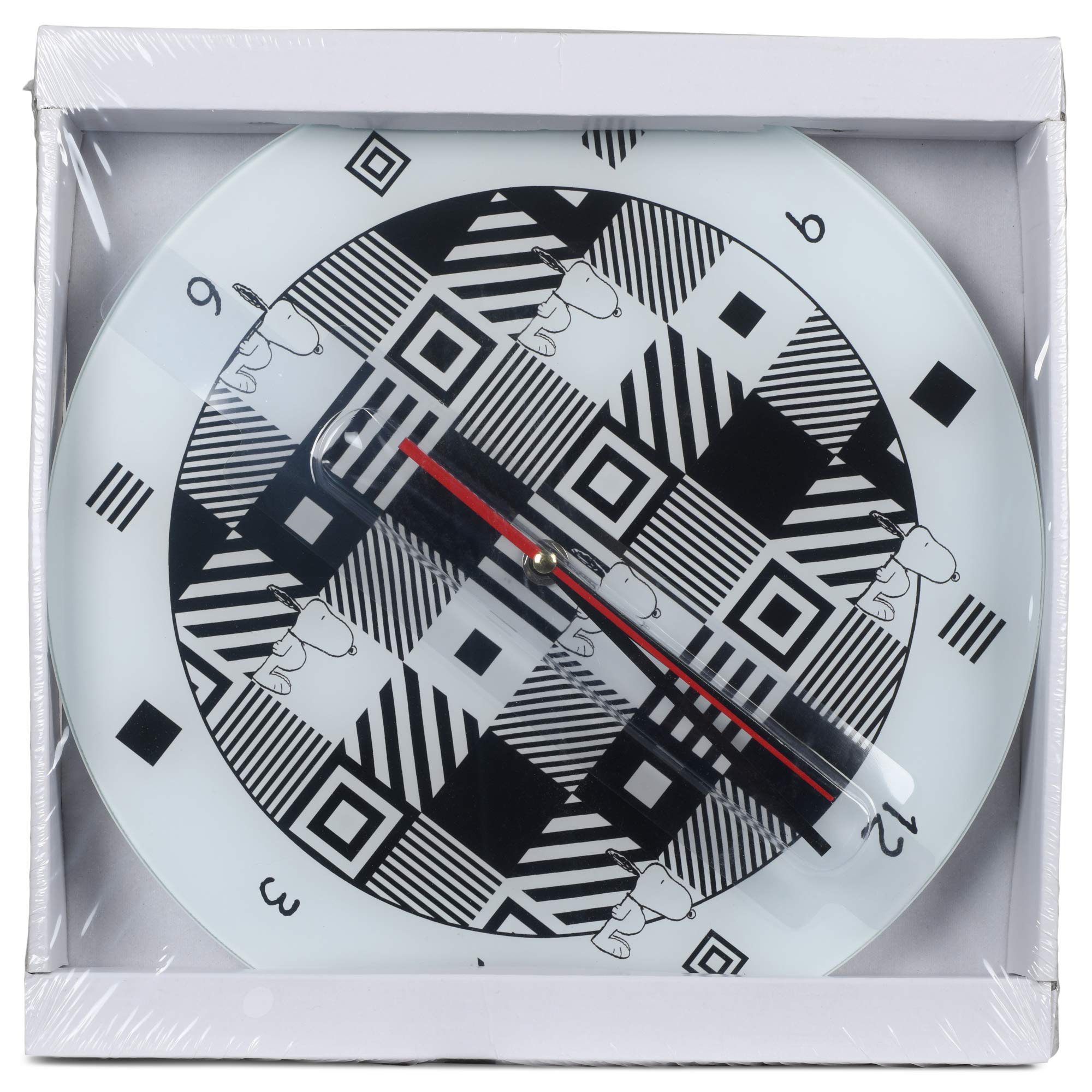 Mark Feldstein & Associates Peanuts Snoopy Geometric Black and White 12 inch Glass Round Wall Clock