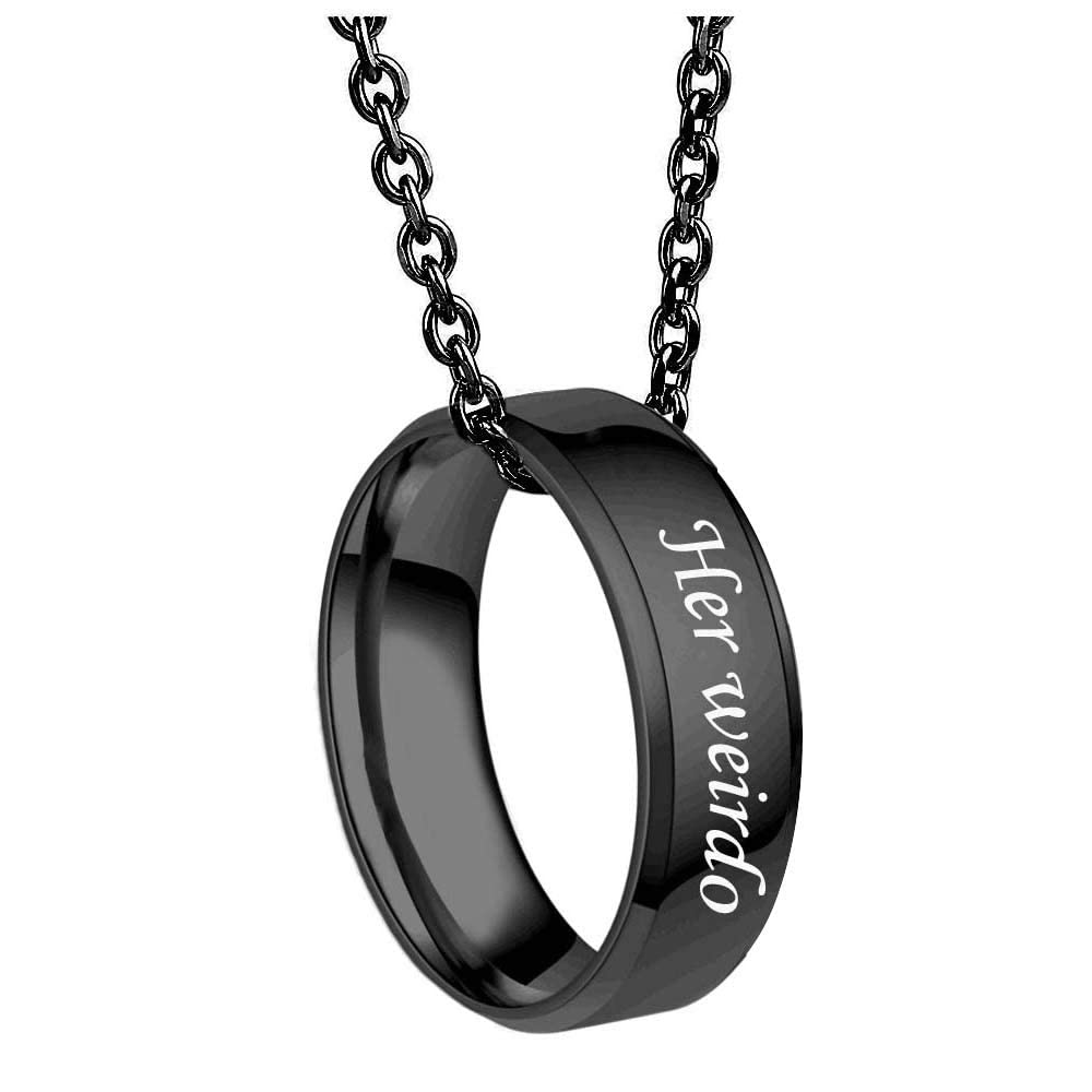 MJartoria Matching Necklaces for Couples-His and Her Engraved Ring Pendant Necklaces Anniversary Valentines Day Gifts for Boyfriends Girlfriends (Black+Silver, Her Weirdo His Crazy)