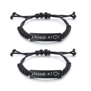 mzzj weirdo #1&weirdo #2 his&hers matching couple bracelet handmade rope cord with black polish stainless steel id tag charm adjustable bracelet for boyfriend girlfriend