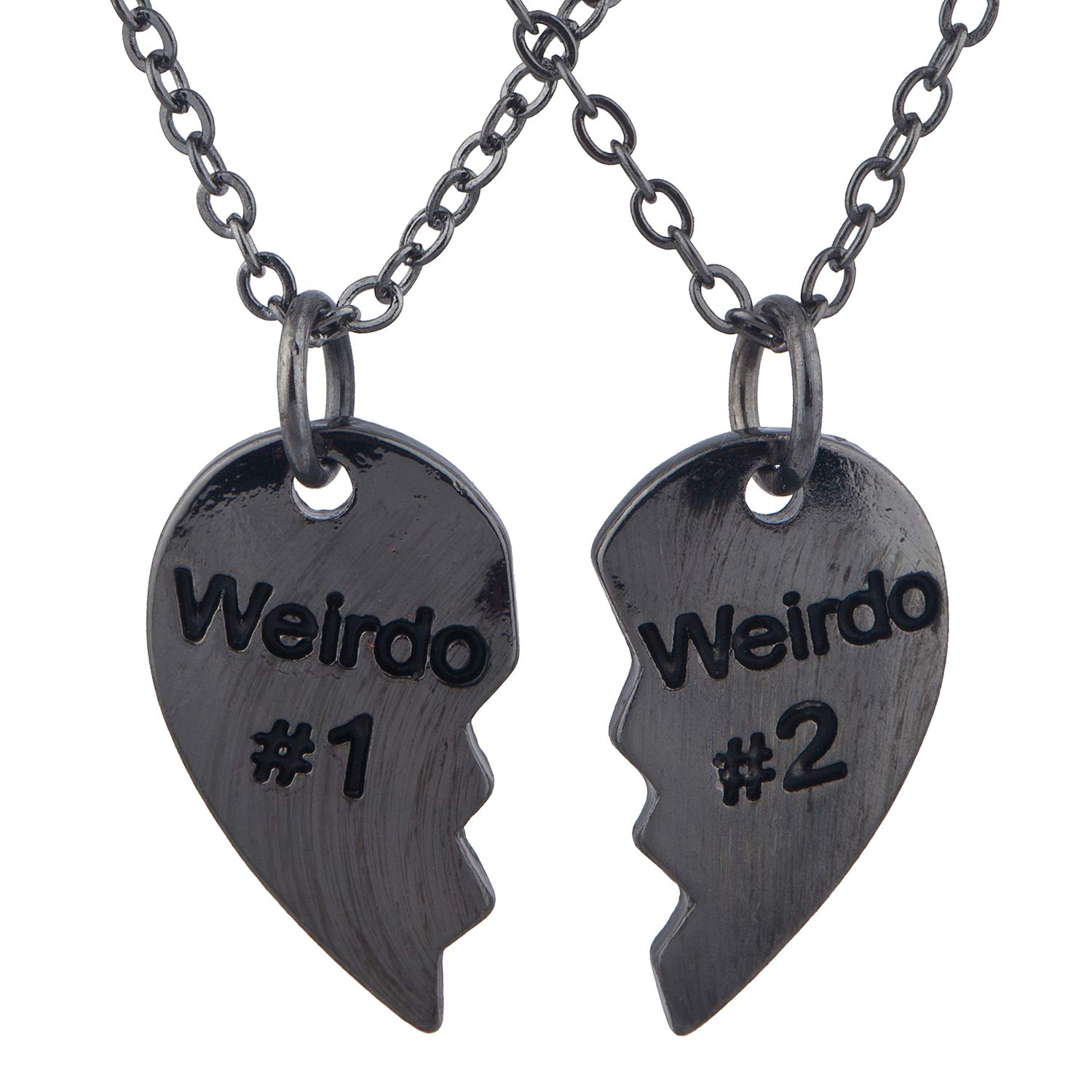 LUX ACCESSORIES Black Weirdo 1 & 2 BFF Best Friends Heart Charm Necklaces (2pc)