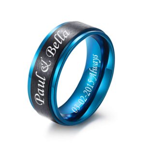 mzzj personalized inside her weirdo & his crazy couple ring set 8mm brushed two-tone black blue stainless steel step edges engagement ring wedding band for him her,anniversary gift for husband wife