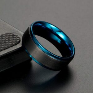 MZZJ Personalized Inside Her Weirdo & His Crazy Couple Ring Set 8MM Brushed Two-tone Black Blue Stainless Steel Step Edges Engagement Ring Wedding Band for Him Her,Anniversary Gift for Husband Wife