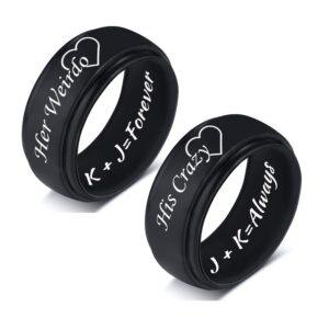 shnian silicone rings - her weirdo & his crazy - matching rings couples rings custom engraved wedding engagement gift promise ring black sets, 8mm us size 6 to 12