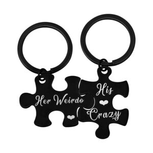 queyuen 2pcs his crazy her weirdo couples keychains puzzle key chain for him her lovers gifts, silver, medium