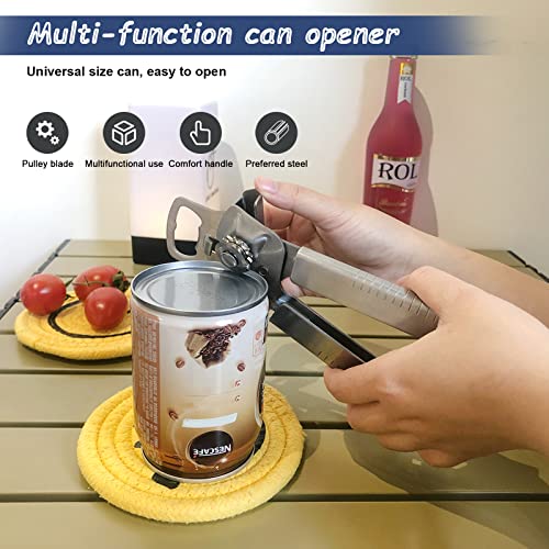 Can Opener Heavy Duty Stainless Steel Manual Can Opener Oversized Easy Turn Knob Sharp Cutting Wheel Good Grips with Built-in Bottle Opener