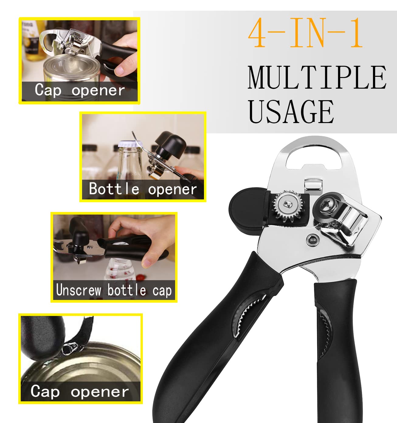 4-in-1 Stainless Steel Can Opener, Hand-Held Can Opener, Multifunctional, Sharp Blade, Labor-saving Handle, Easy To Grasp And Heavy Load, Black