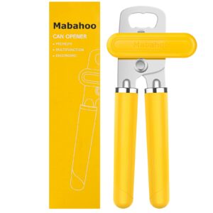 can opener, mabahoo can opener manual heavy duty hand held can openers, top stainless steel smooth edge, easy turn knob, with bottle opener, kitchen gadgets must haves accessories utensils, yellow