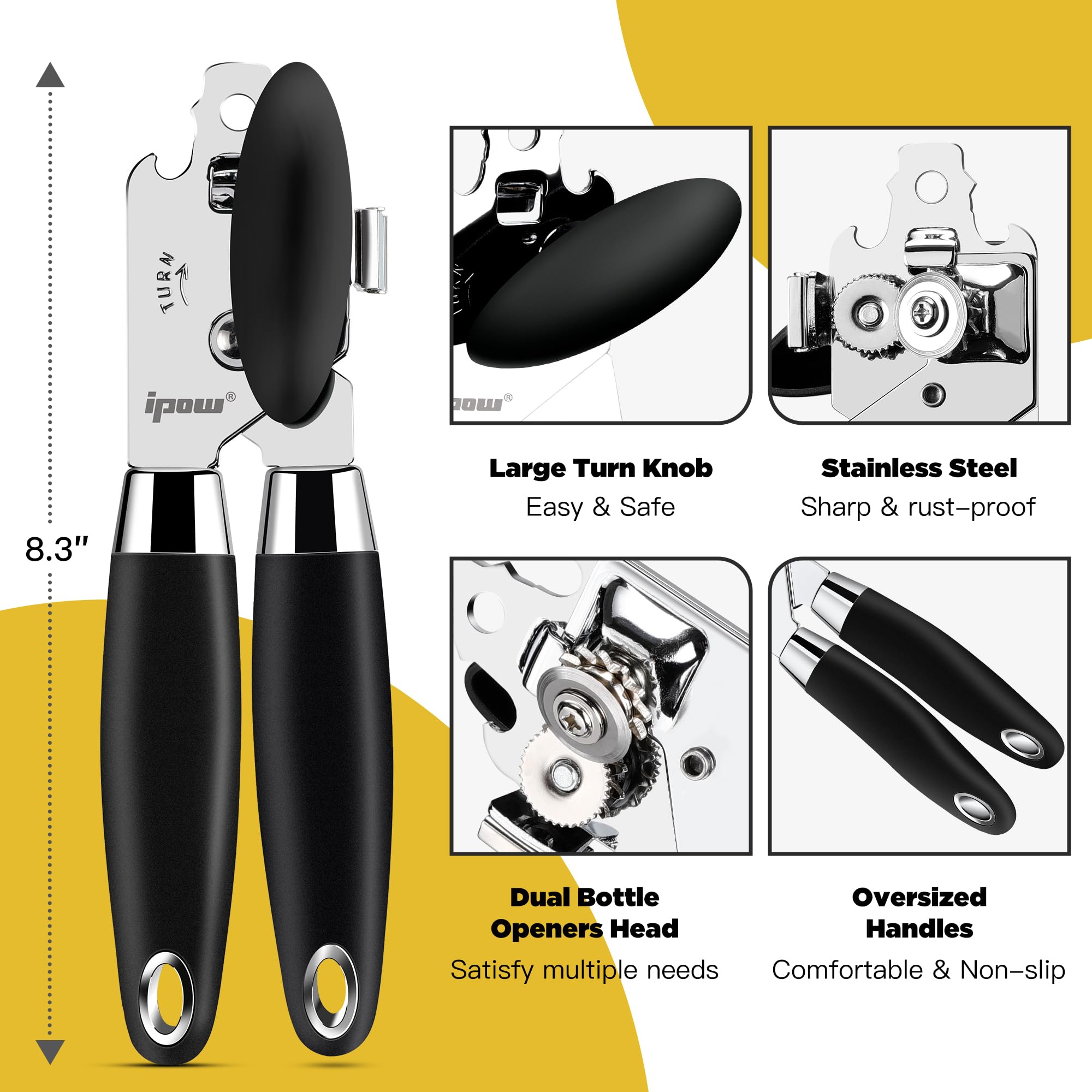 Can Opener with Dual-ended Bottle Opener, IPOW Manual Can Opener with Magnent | Smooth Edge | Heavy Duty | Easy Turn Knob | Smooth & Easy Cutting Safty Can Opener