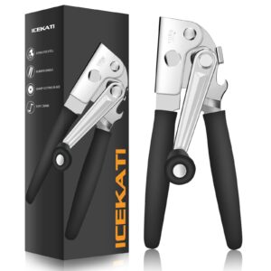 commercial can opener, icekati can opener manual heavy duty easy for big cans with magnet, folding hand crank can opener with comfortable long handles, smooth edge can opener with carbon steel blade