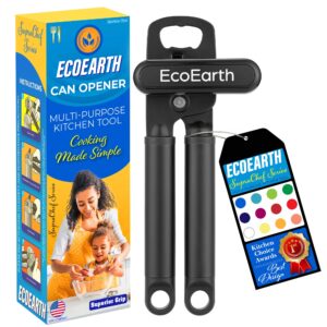 ecoearth can opener (black), manual easy grip handheld tin opener, multipurpose kitchen tool w/easy-turn knob & convenient hanging holes, lid top remover