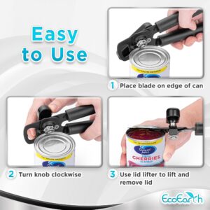 EcoEarth Can Opener (Black), Manual Easy Grip Handheld Tin Opener, Multipurpose Kitchen Tool w/Easy-Turn Knob & Convenient Hanging Holes, Lid Top Remover