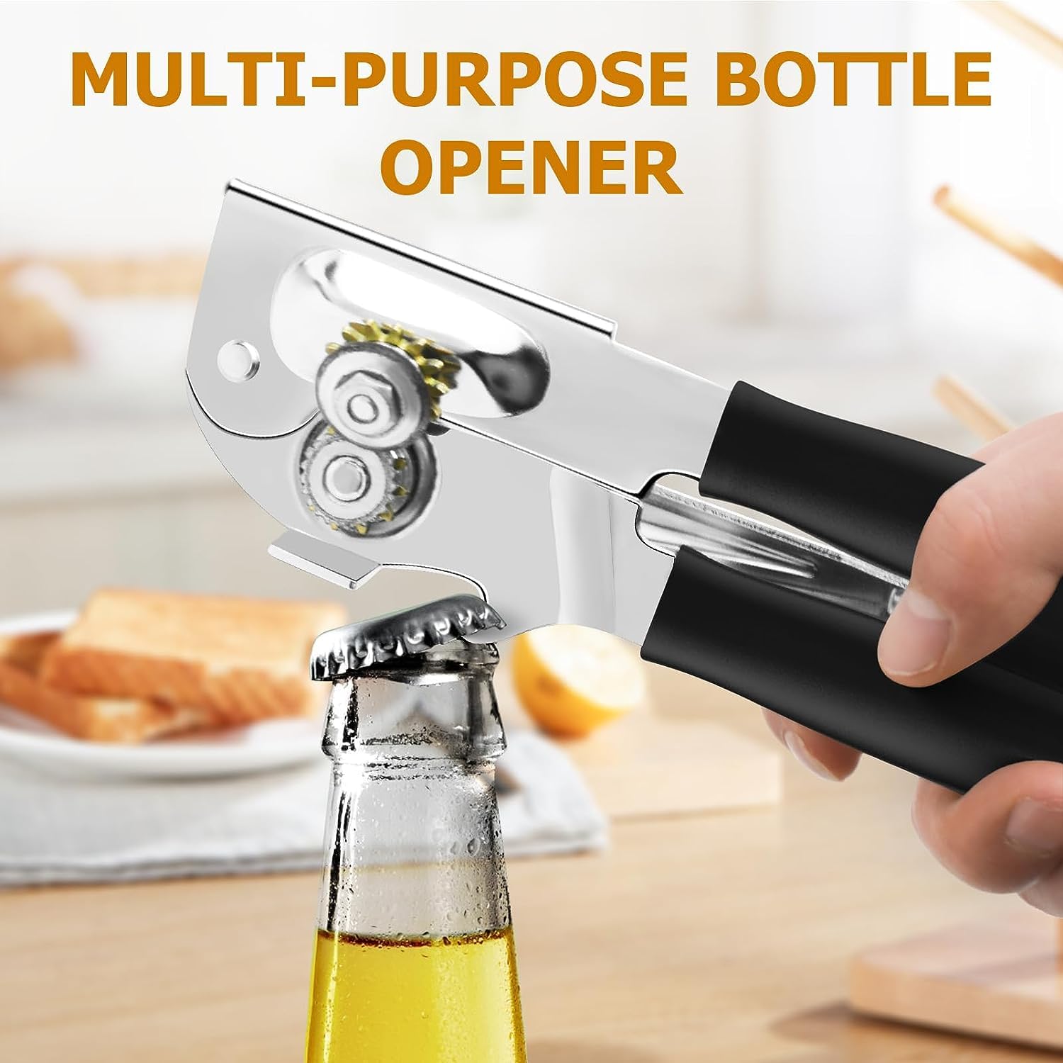 Heavy Duty Can Opener for Kitchen whit Magnet - Portable Can Opener with Built-In Bottle Opener & Manual Hand Crank - Easy-Grip, Oversized Handles with Non-Slip, Soft-Touch Rubber Sleeves - 8.27x2.7"