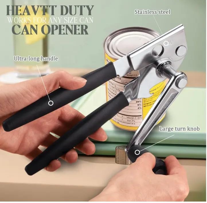 Heavy Duty Can Opener for Kitchen whit Magnet - Portable Can Opener with Built-In Bottle Opener & Manual Hand Crank - Easy-Grip, Oversized Handles with Non-Slip, Soft-Touch Rubber Sleeves - 8.27x2.7"