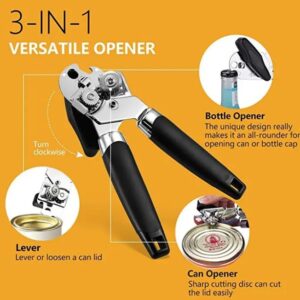 Can Opener Manual, 3-IN-1 Multifunctional Bottle opener, Heavy Duty Stainless Steel Can Opener with Ultra Sharp Blade, Can Opener with Big Easy Turn Knob, Firm-Grip Comfortable Handles, Black