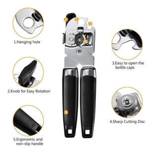 Can Opener Manual, 3-IN-1 Multifunctional Bottle opener, Heavy Duty Stainless Steel Can Opener with Ultra Sharp Blade, Can Opener with Big Easy Turn Knob, Firm-Grip Comfortable Handles, Black