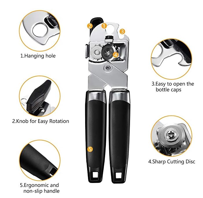 Can Opener Manual, 3-IN-1 Multifunctional Bottle opener, Heavy Duty Stainless Steel Can Opener with Ultra Sharp Blade, Can Opener with Big Easy Turn Knob, Firm-Grip Comfortable Handles, Black