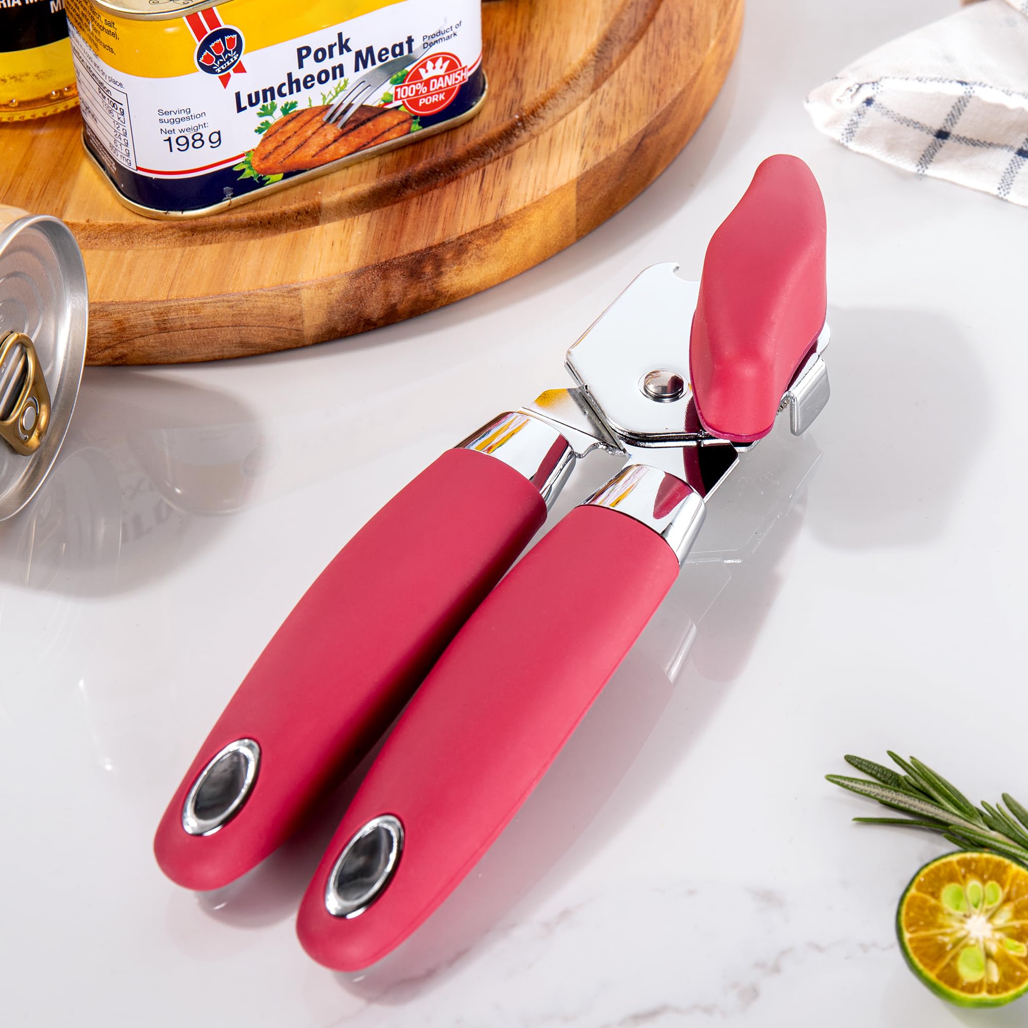 Can Opener Manual, TJ POP Can Opener, Heavy Duty Hand Held Can Openers, Stainless Steel Can Opener Smooth Edge, Easy Turn Knob, with Bottle Opener, Kitchen Gadgets Red