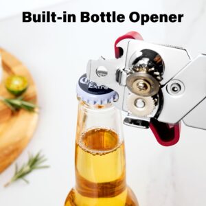 Can Opener Manual, TJ POP Can Opener, Heavy Duty Hand Held Can Openers, Stainless Steel Can Opener Smooth Edge, Easy Turn Knob, with Bottle Opener, Kitchen Gadgets Red