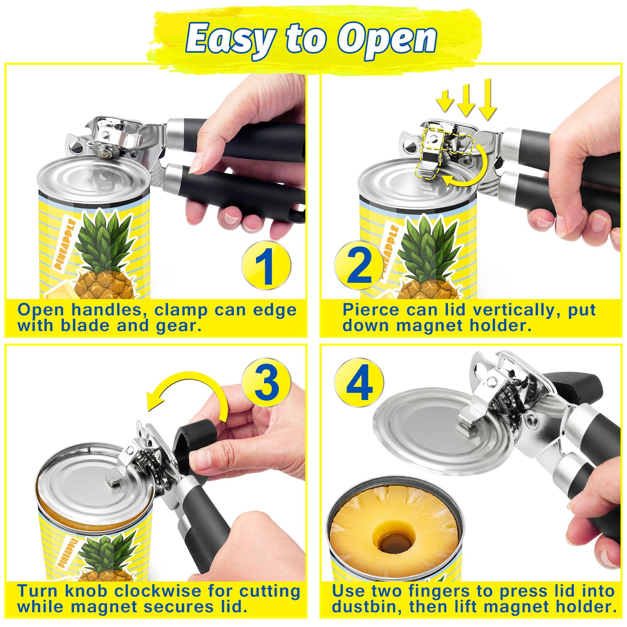 SPIDER GRIP Can Opener Manual, Can Opener with Magnet [Upgraded], No-Trouble-Lid-Lift, Handheld Can Opener Smooth Edge Sharp Blade with Soft Handles, Easy Grip & Heavy Duty, Black