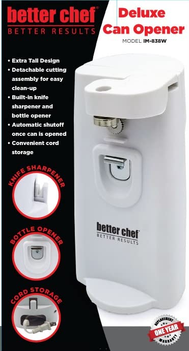 Better Chef Electric Tall Can Opener | 3-in-1 | Built in Knife Sharpener & Bottle Opener | Cord Storage | Auto-Stop (White)