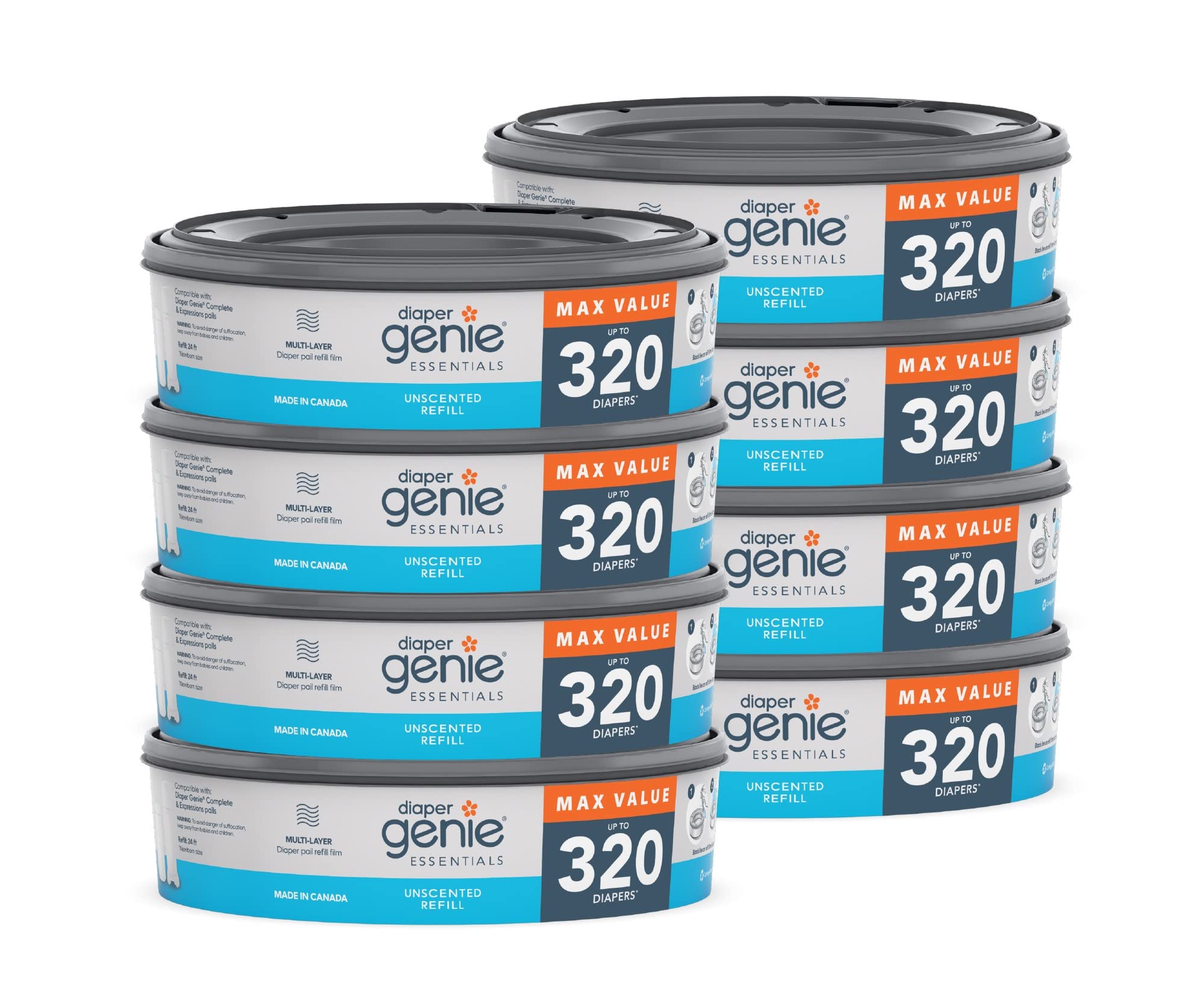 Diaper Genie Essentials Round Refill 8-Pack | Holds Up to 2560 Newborn Diapers | Features Unscented Continuous Film | Compatible with Diaper Genie Complete and Expressions Pails,8 Count (Pack of 1)