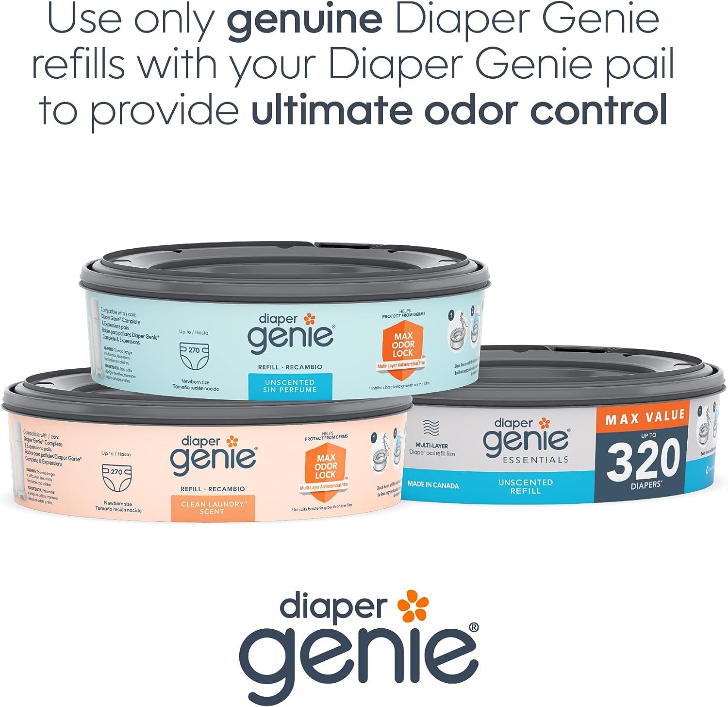 Diaper Genie Essentials Round Refill 8-Pack | Holds Up to 2560 Newborn Diapers | Features Unscented Continuous Film | Compatible with Diaper Genie Complete and Expressions Pails,8 Count (Pack of 1)