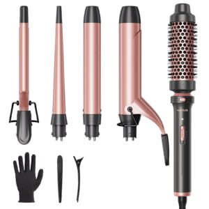 wavytalk 5 in 1 curling iron set with curling brush and 4 interchangeable ceramic curling wand (0.35"-1.25”), instant heat up, dual voltage hair curler