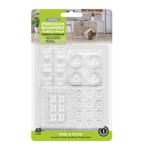 slipstick premium adhesive clear bumper pads 48 piece variety pack, round and square rubber feet for electronics, cutting boards, cabinet stoppers, drawers, furniture, noise damper surface protectors