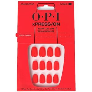 opi xpress/on press on nails, up to 14 days of wear, gel-like salon manicure, vegan, sustainable packaging, with nail glue, short red nails, cajun shrimp