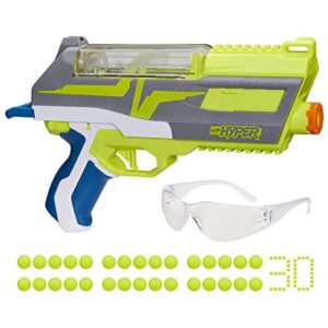 nerf hyper impulse-40 blaster, 30 nerf hyper rounds, spring-open instant reload hopper, up to 110 fps velocity, eyewear included